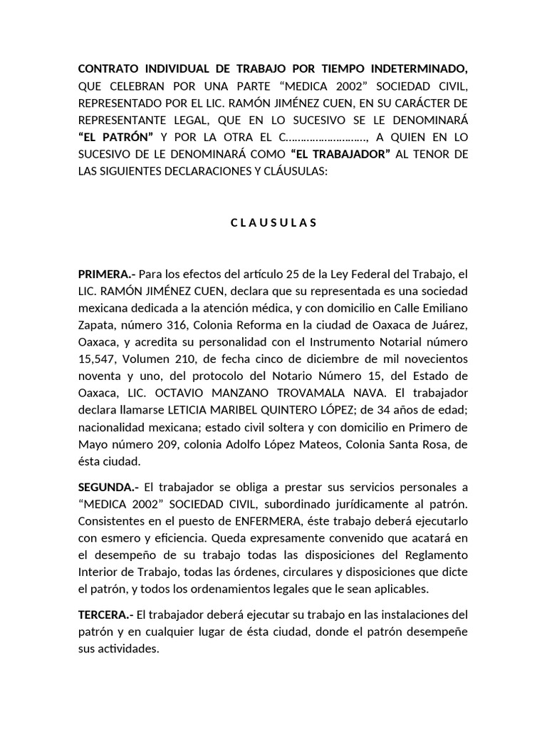 Contrato Por Tiempo Indeterminado | PDF | Tiempo de trabajo | Salario