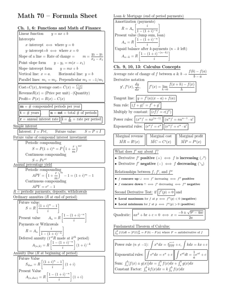 MATH70 Formulas Sheets & Table Fall 2025 | PDF | Slope | Interest