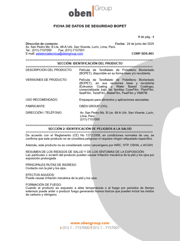 CORP-SDS-003 - HDS - BOPET_1751292905 | PDF | Materiales | Sustancias químicas