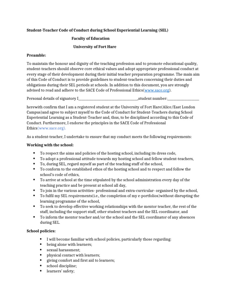 Student-Teacher Code of Conduct During School Experiential Learning ...