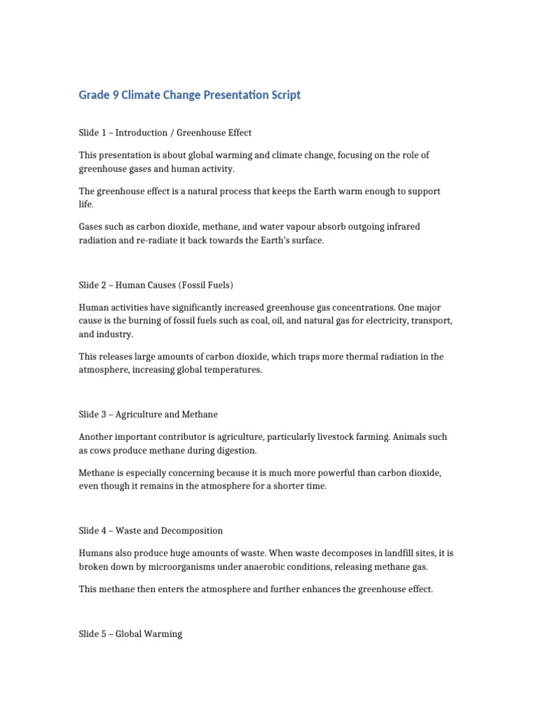 Grade 9 Climate Change Presentation Script | PDF | Climate Change ...