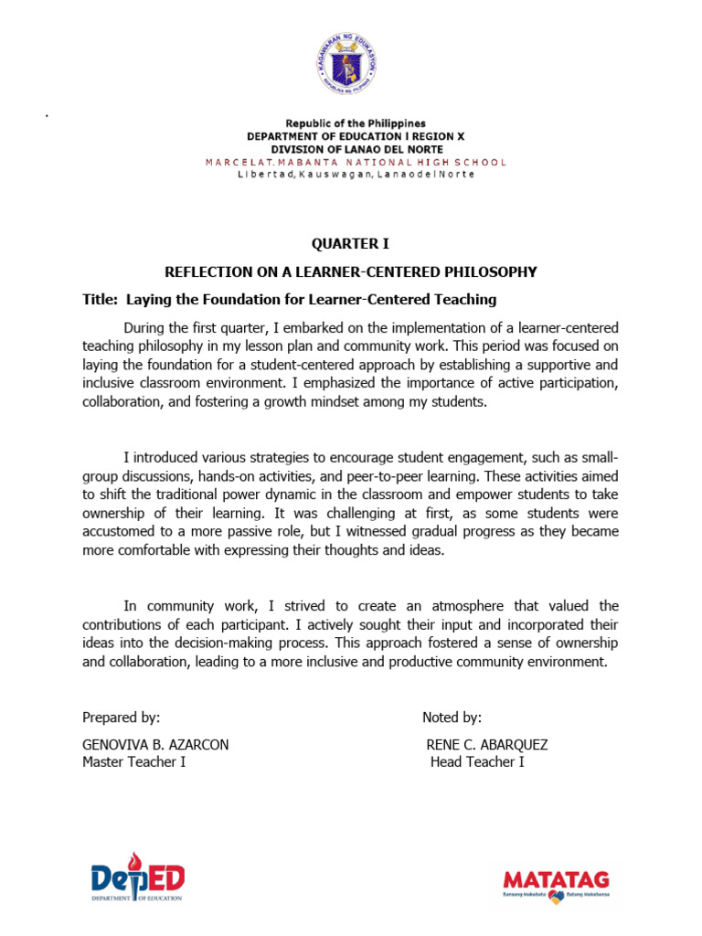 Copy of 23. Reflection on Learner-centered Philosophy Ti-III Sample ...