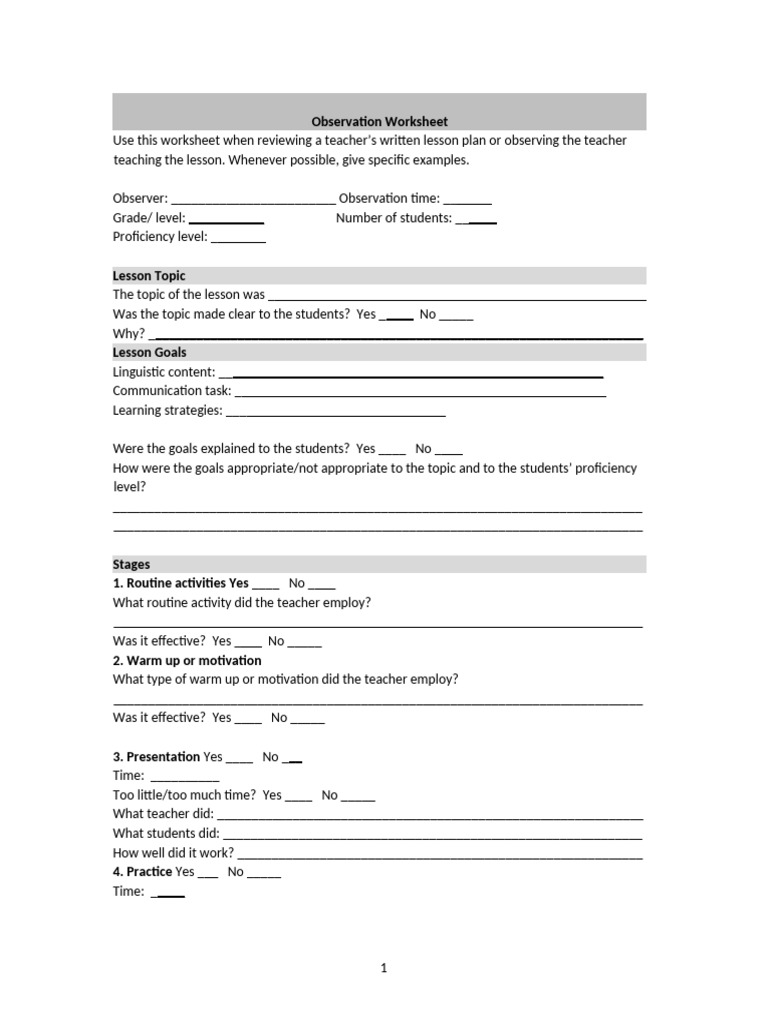 Planning Lesson Observation | PDF | Teachers | Learning