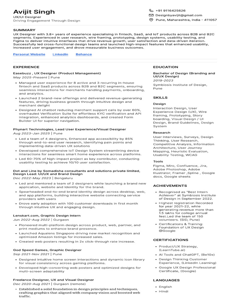 CV - 2026 Avijit Singh - UX Designer 2025 - Compressed | PDF ...