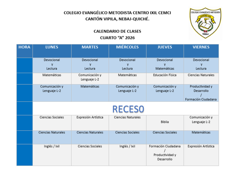 Calendario de Clases 4.to. 2026 | PDF