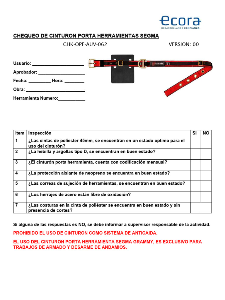 CHK-OPE-AUV-062 V00 Chequeo de Cinturon Porta Herramientas Segma | PDF