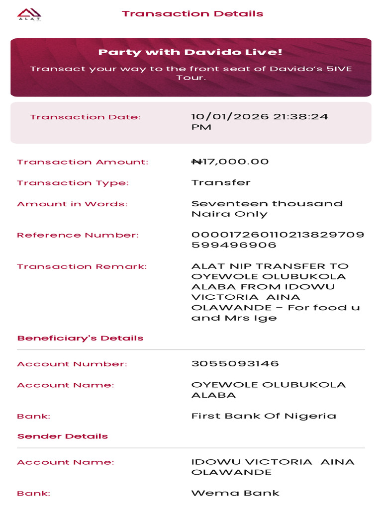 ALAT Transfer Receipt - OYEWOLE OLUBUKOLA ALABA - 3055093146 - ₦17,000. ...