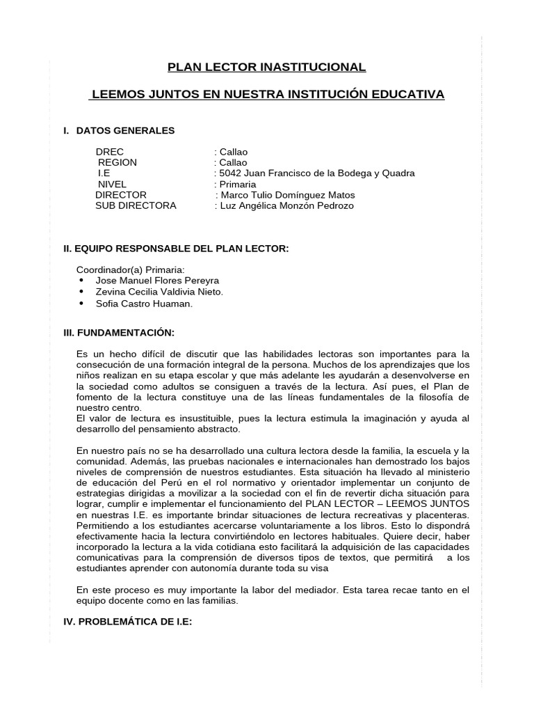 Plan Lector Institucional 2021 | PDF | Educación primaria | Comprensión lectora