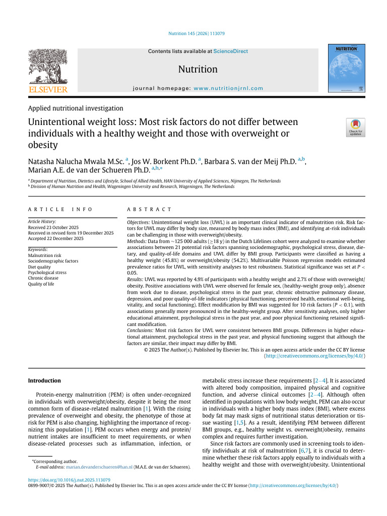 Unintentional Weight Loss Most Risk Factors Do Not Differ Between 2026 ...