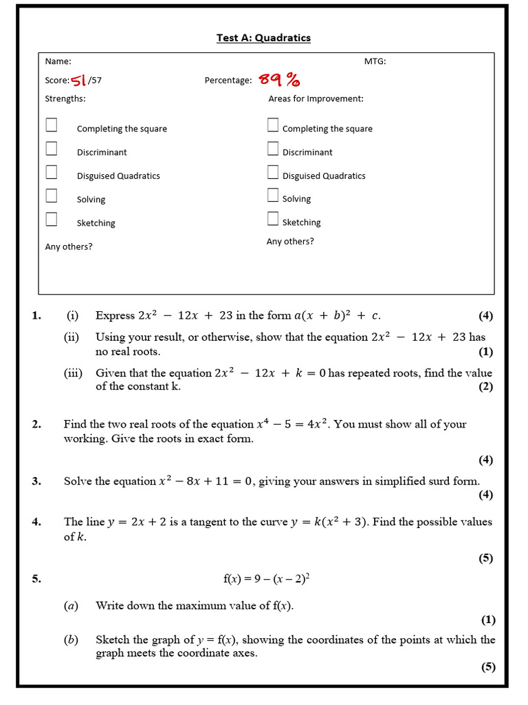 Quadratics Test | PDF | Quadratic Equation | Equations
