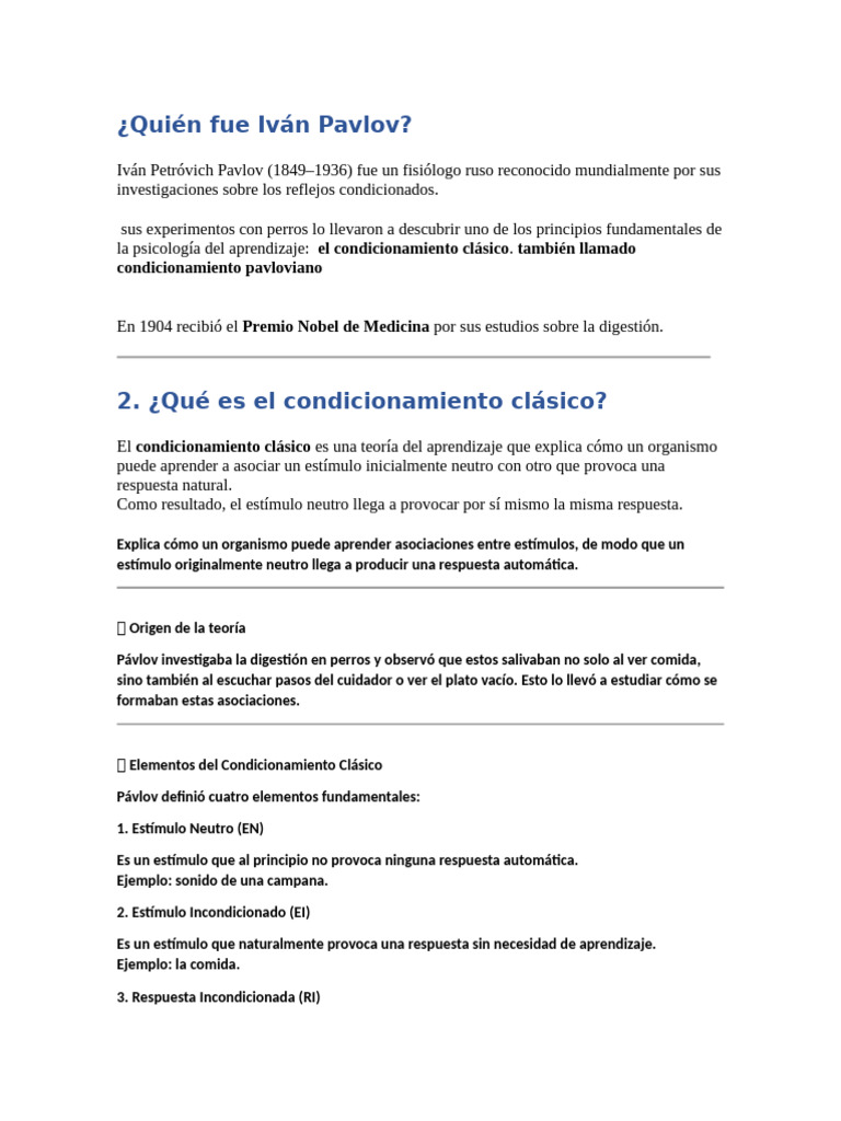Teoría Del Condicionamiento Clásico Según Iván Pavlov | PDF ...