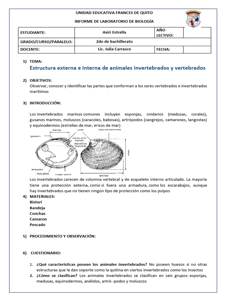 Informe laboratorio vertebrados | PDF | Invertebrado | Esqueleto