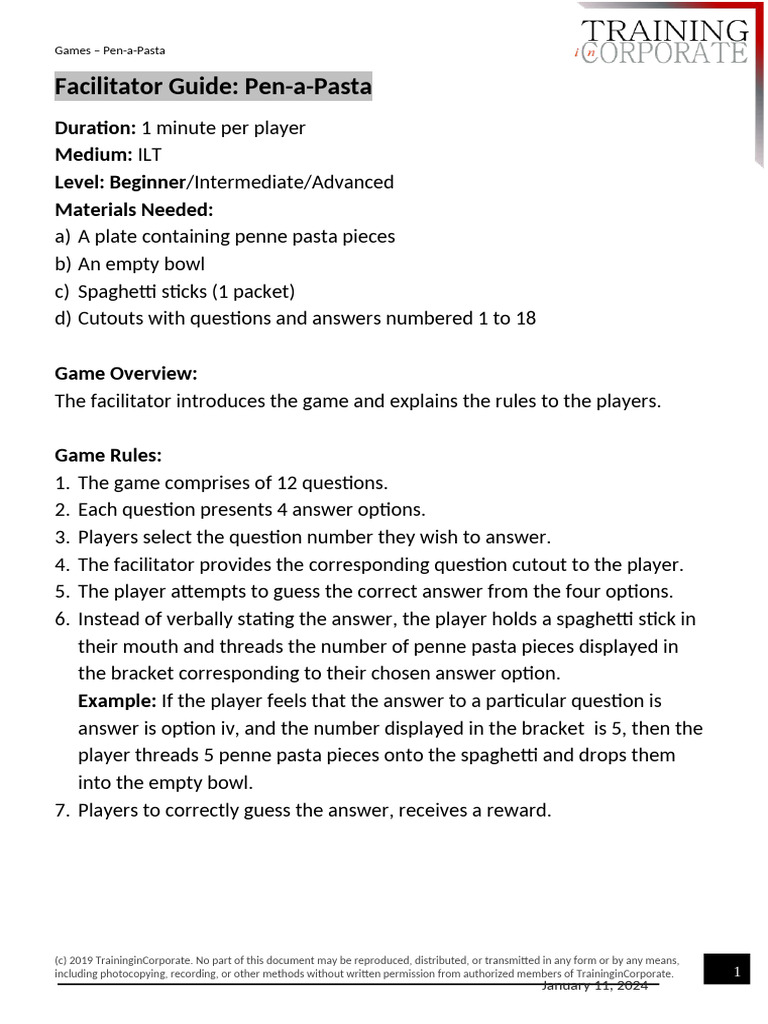 Game Pen a Pasta Instructions | PDF