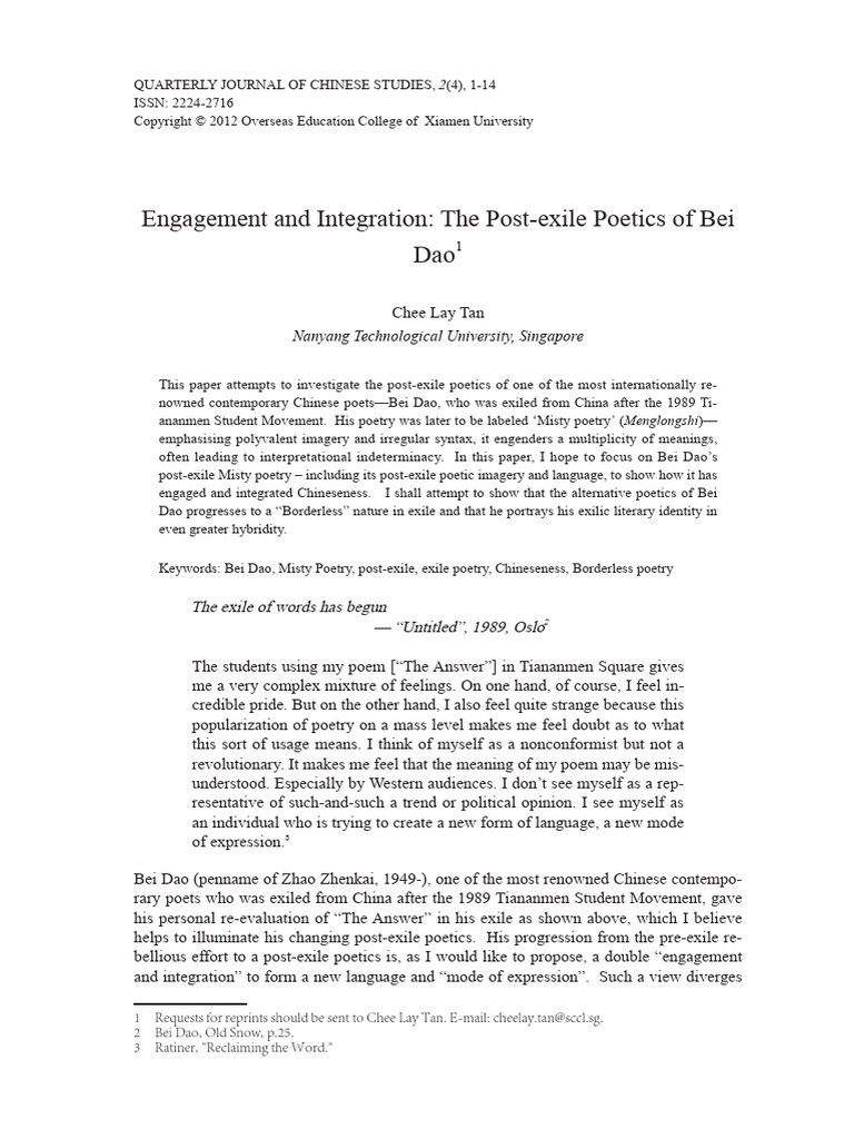 (Artículo) Engagement and Integration The Post-Exile Poetics of Bei Dao ...