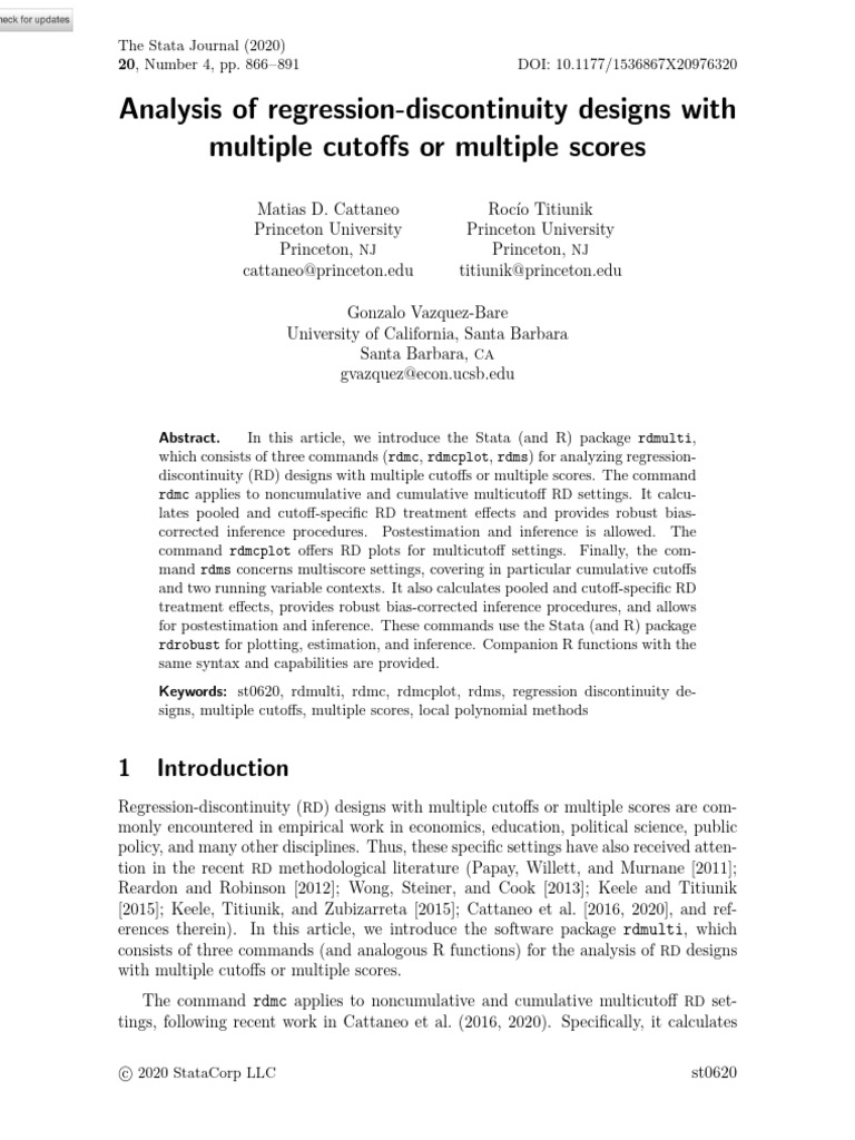 Cattaneo Et Al 2020 Analysis of Regression Discontinuity Designs With ...