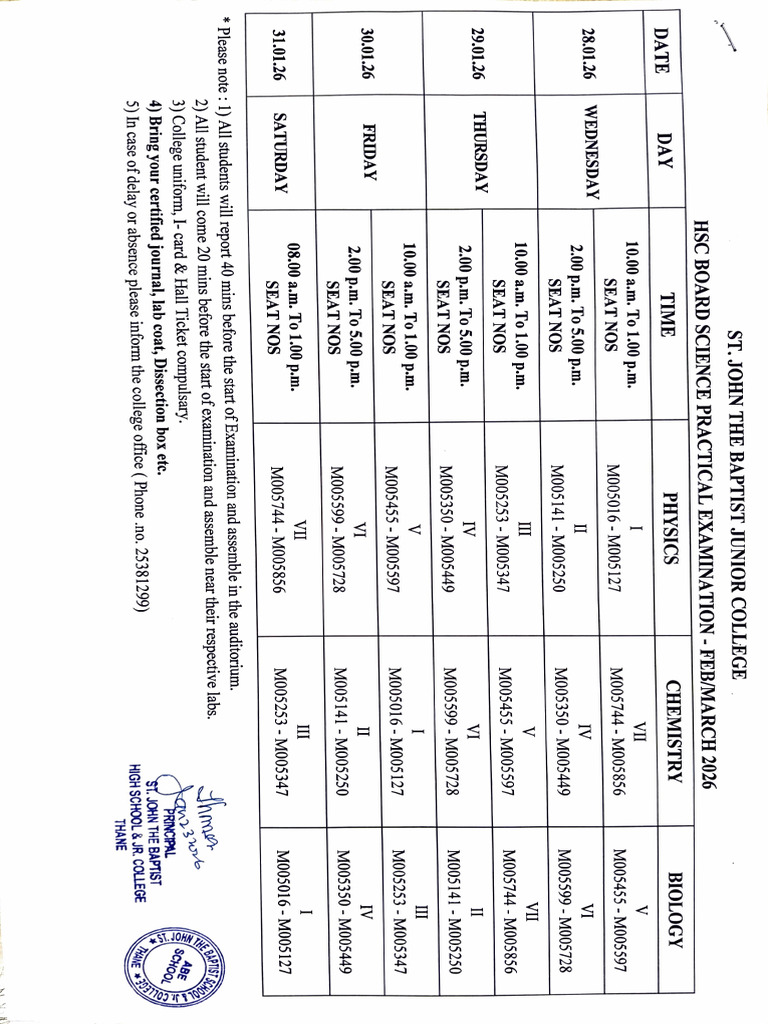 HSC Board Science Orals & Pratical Time Table 2026 | PDF
