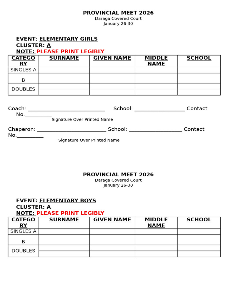 Provincial Meet 2026 Entry Form | PDF