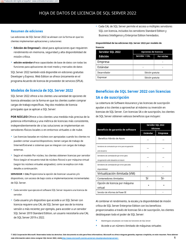 SQL_Server_2022_Licensing_Datasheet (1).en.es.pdf | PDF | Servidor SQL de Microsoft | Servidor ...