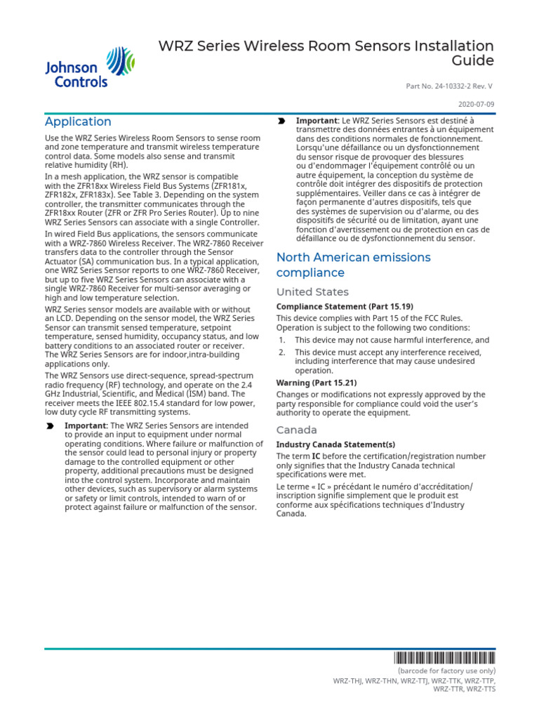 Johnson Controls wrz_series wireless zone sensors | PDF | Electrical ...