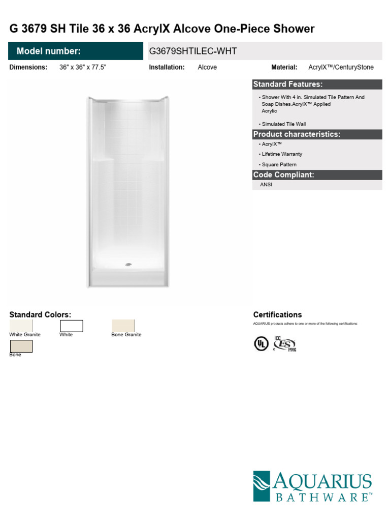Aquarius-AS000503-G 3679 SH Tile 36 x 36 AcrylX Alcove One-Piece Shower With Center Drain in ...