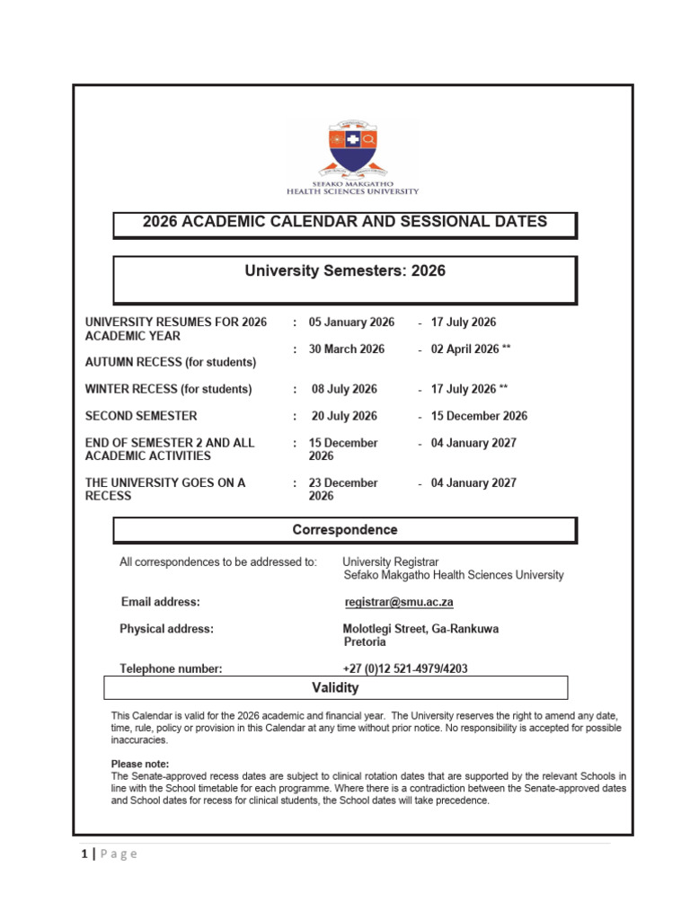 2026 Smu General Calendar | PDF | Academic Term | Educational Stages