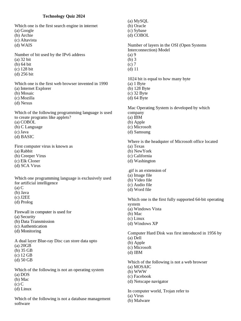Technology Quiz 2024 | PDF | Microsoft Excel | Computer Virus