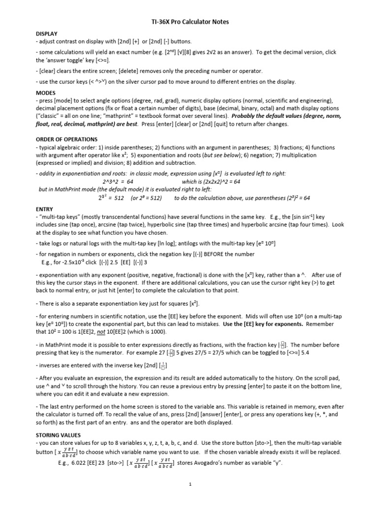 TI 36X PRO Calculator Notes | PDF | Exponentiation | Mathematical Objects