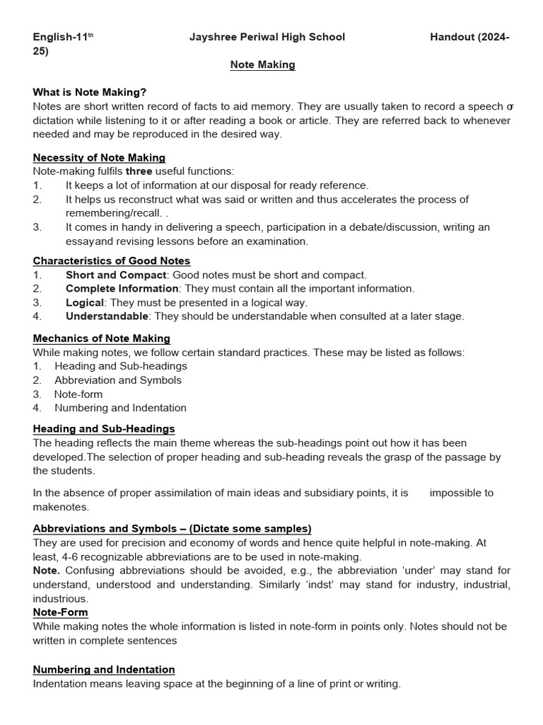 Teachers Handout-note Making | PDF | Psychological Concepts | Cognitive ...