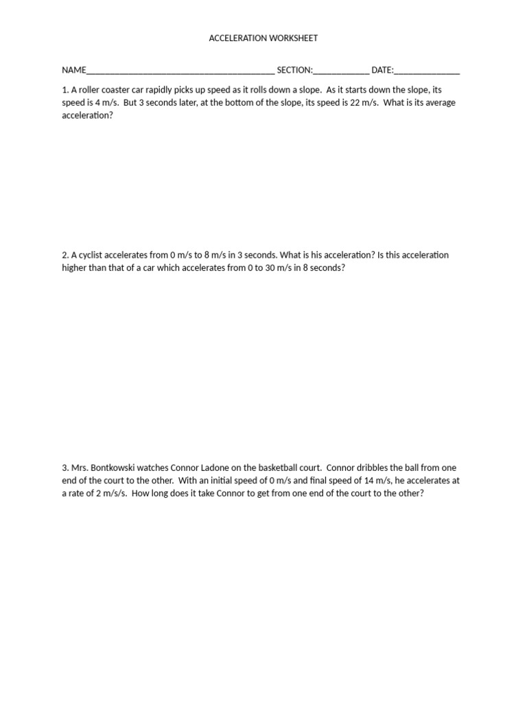 Acceleration Worksheet | PDF