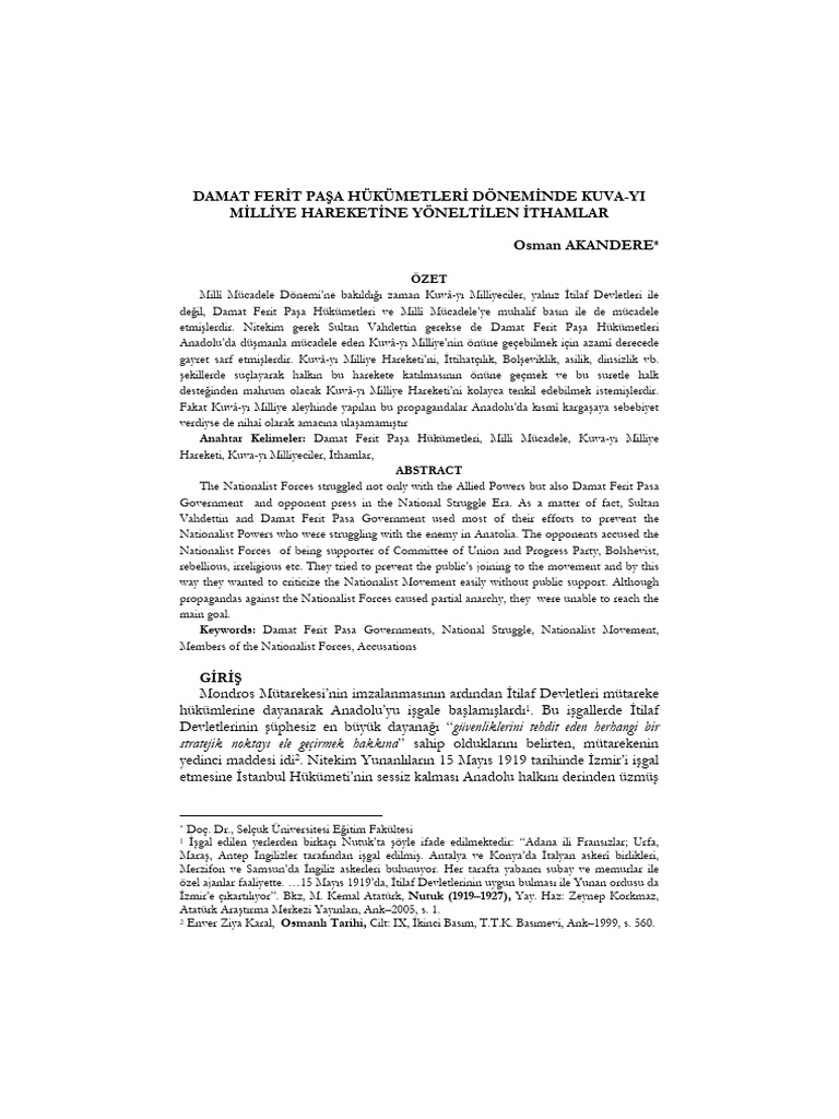 Damat Feri T Pasa Hukumetleri Donemi Nde | PDF