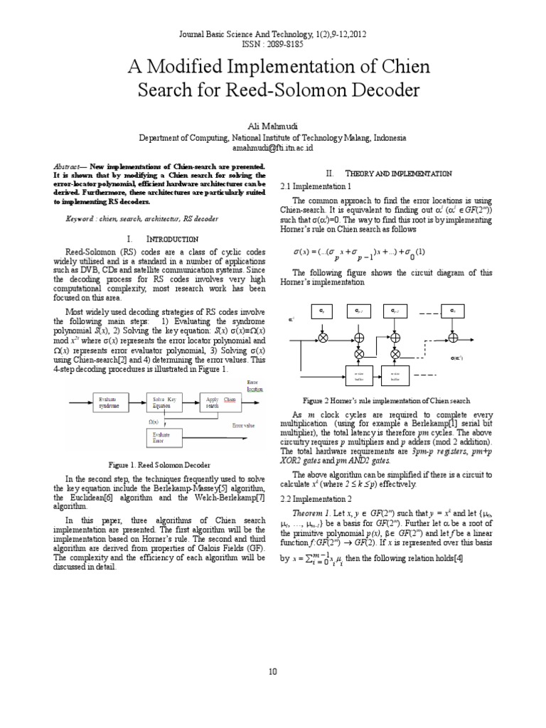 A Modified Implementation of Chien Search For Reed-Solomon Decoder | PDF | Discrete Mathematics ...
