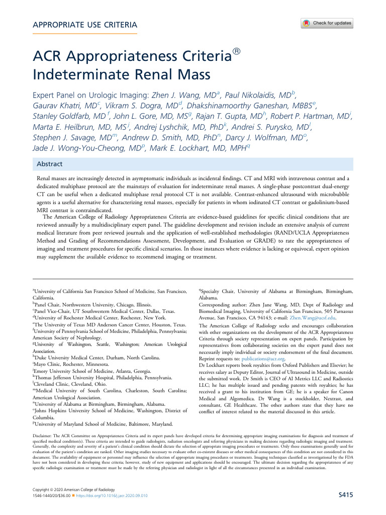 ACR Appropriateness Criteria® Indeterminate Renal | PDF | Magnetic ...