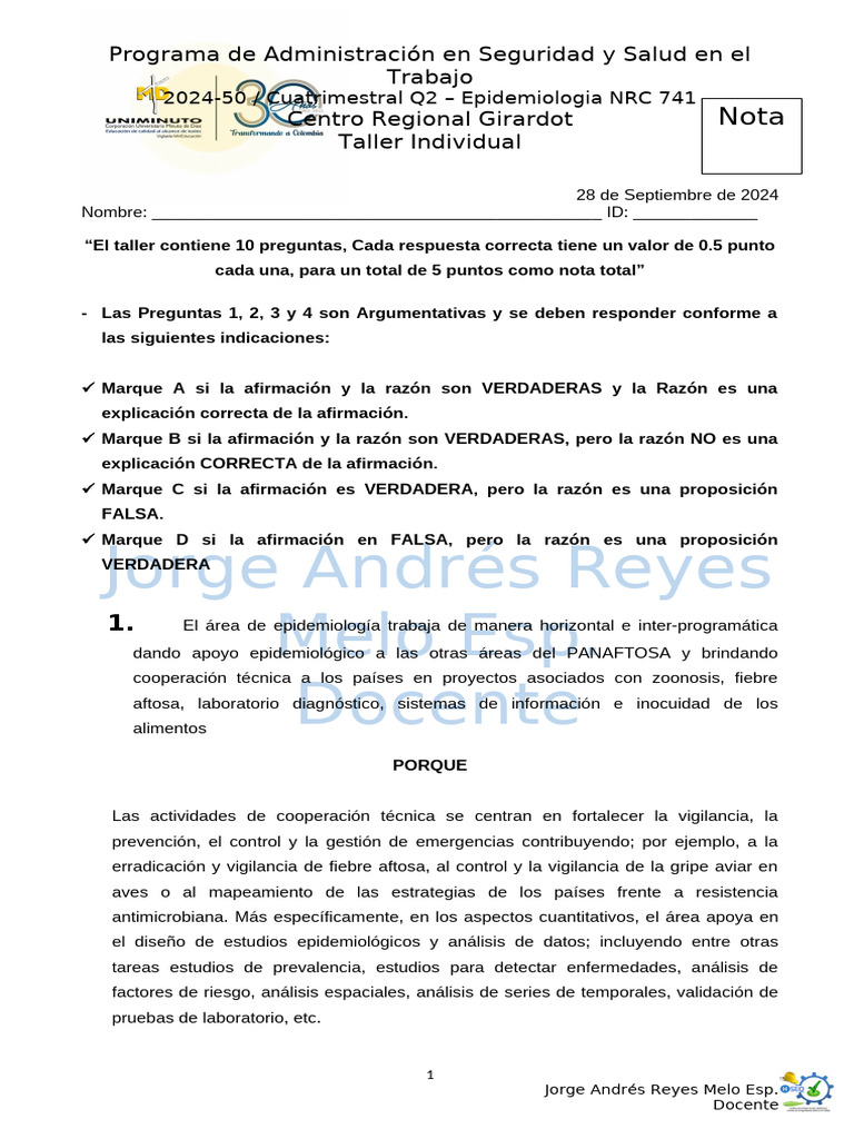 02. Epidemiologia NRC 741 Taller | PDF | Epidemiología | Tasa de mortalidad