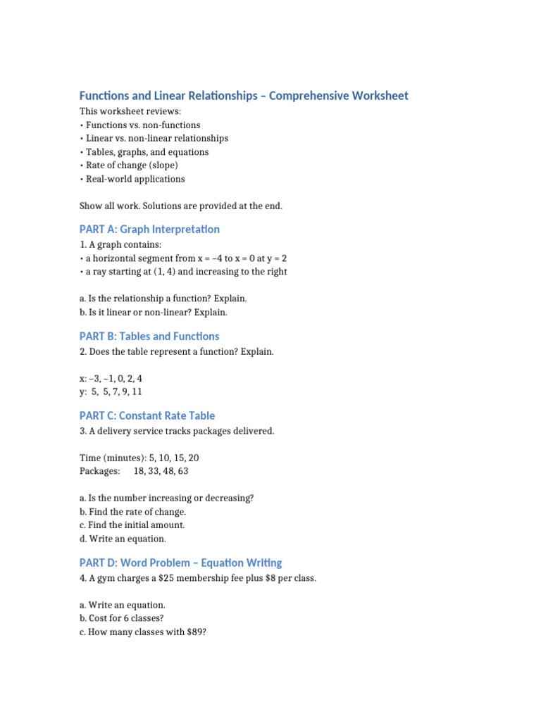 Functions and Linear Relationships Worksheet | PDF