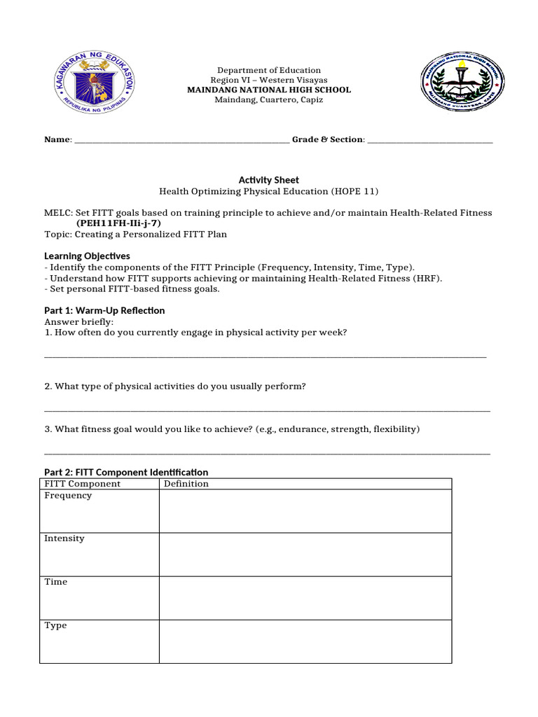 Activity Sheet Fitt Goal Setting | PDF