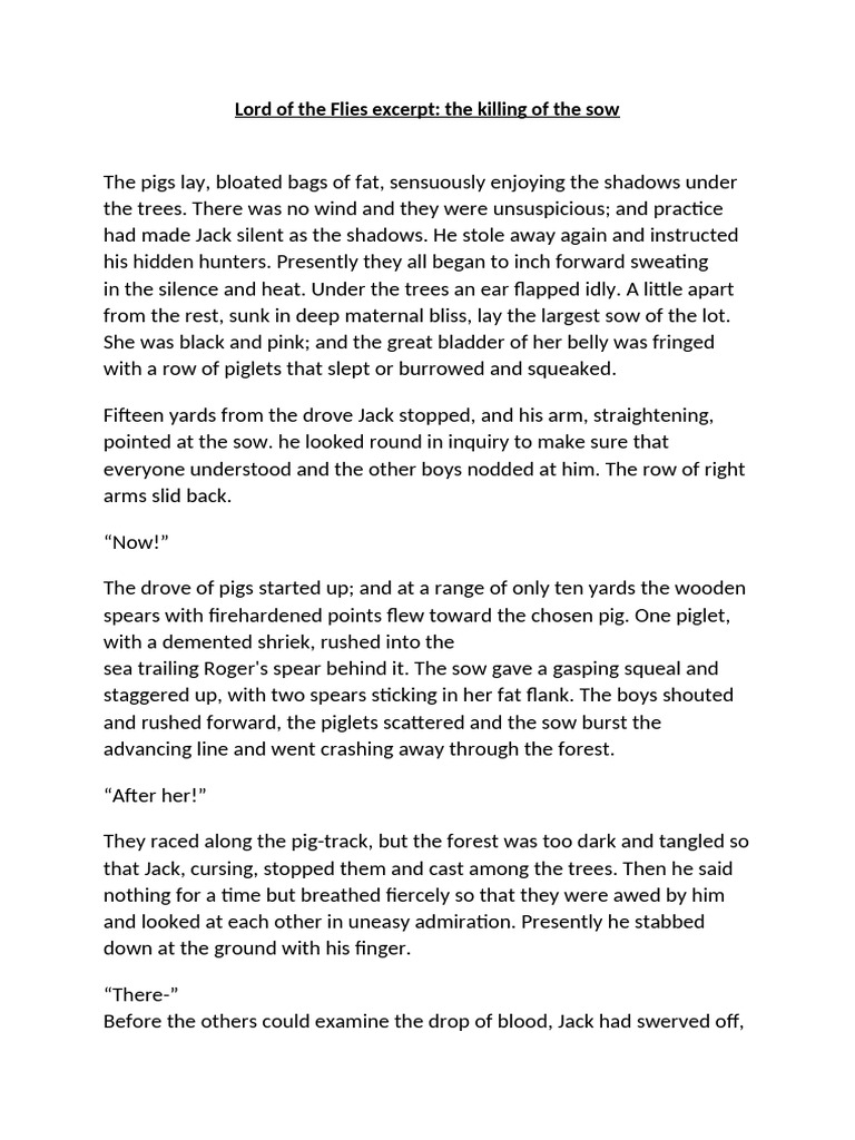 Lord of the Flies Excerpt- The Killing of the Sow | PDF | Pig