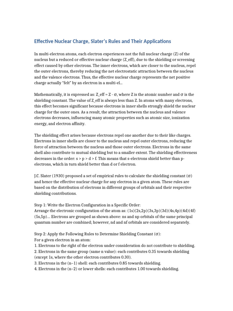 Effective Nuclear Charge Slaters Rules | PDF | Electron Configuration ...