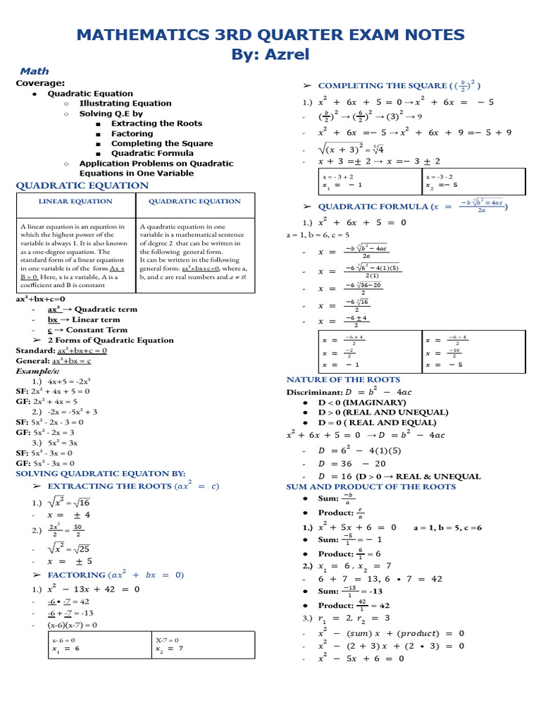 3rd Periodical Exam Notes | PDF | Quadratic Equation | Equations