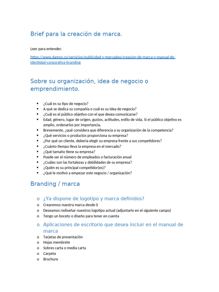 Brief para La Creación de Marca | PDF | Marca | Gestión de la marca