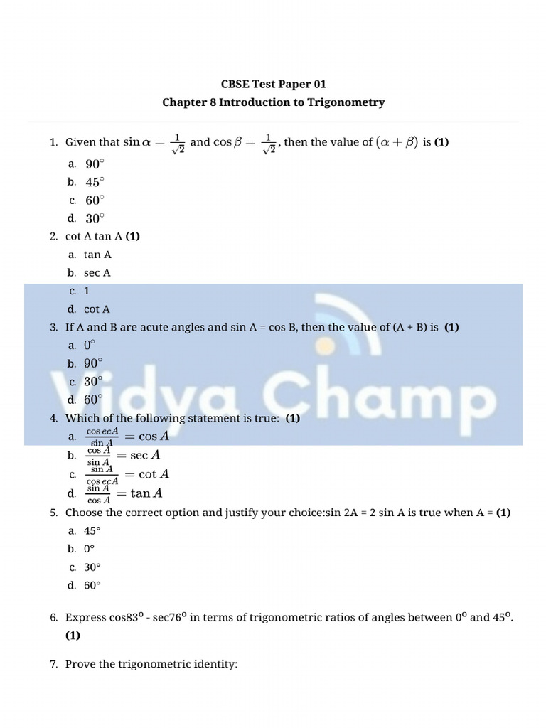 Cbse Class 10 Trigonometry | PDF