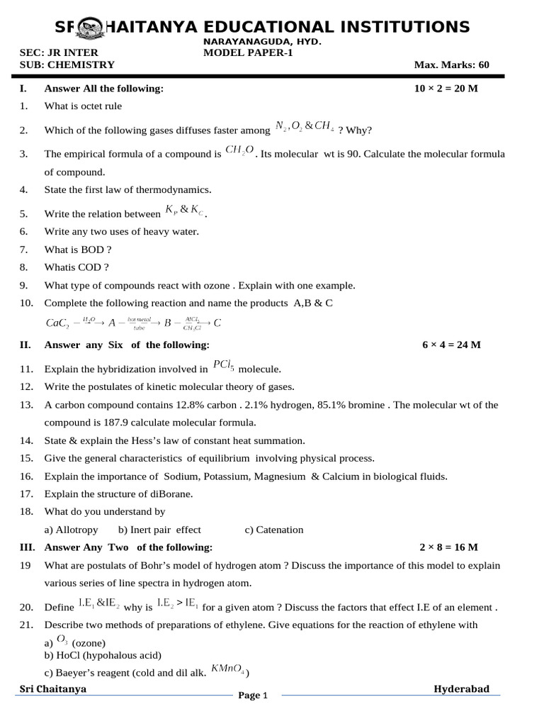 Model Paper - JR Chemistry | PDF | Chemical Reactions | Molecules