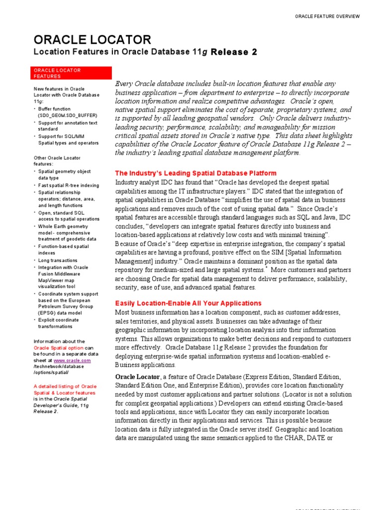 Oracle Locator Location Features In Oracle Database 11g Release 2 Pdf Geographic