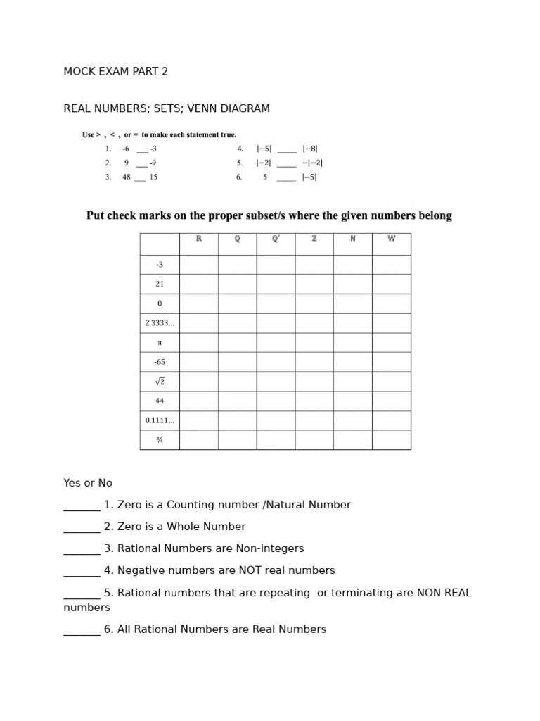 Mock Exam Part 2 Micah Real Numbers, Sets | PDF | Integer | Real Number