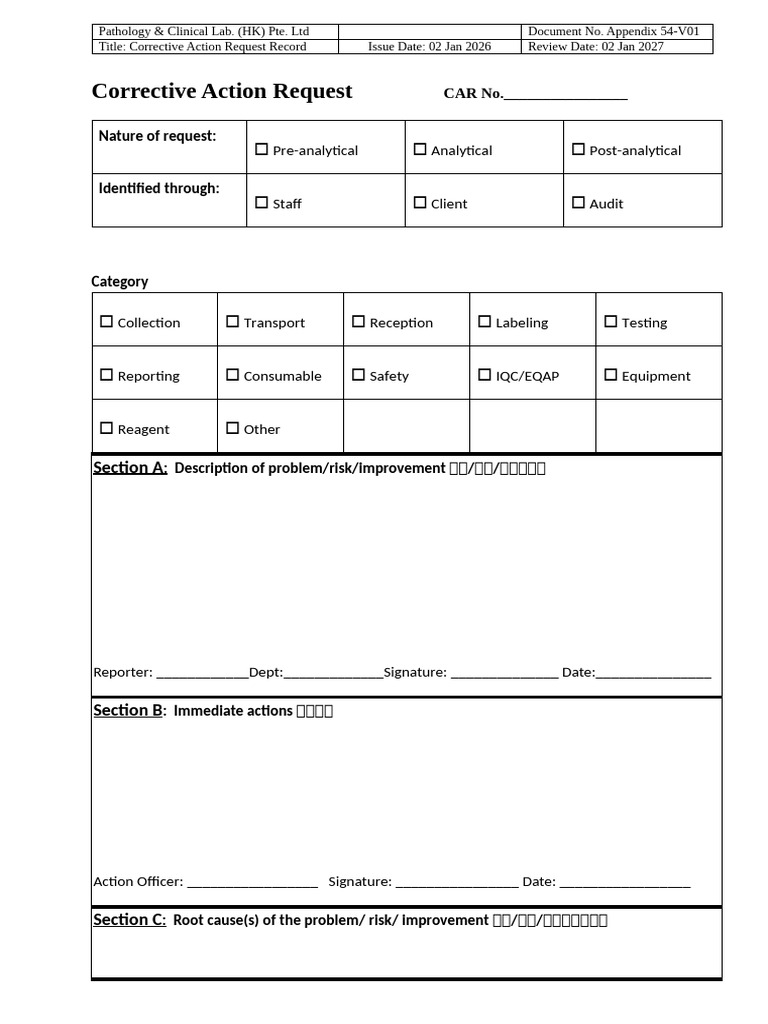 A54 - Corrective Action Request Record With Chinese Version | PDF ...