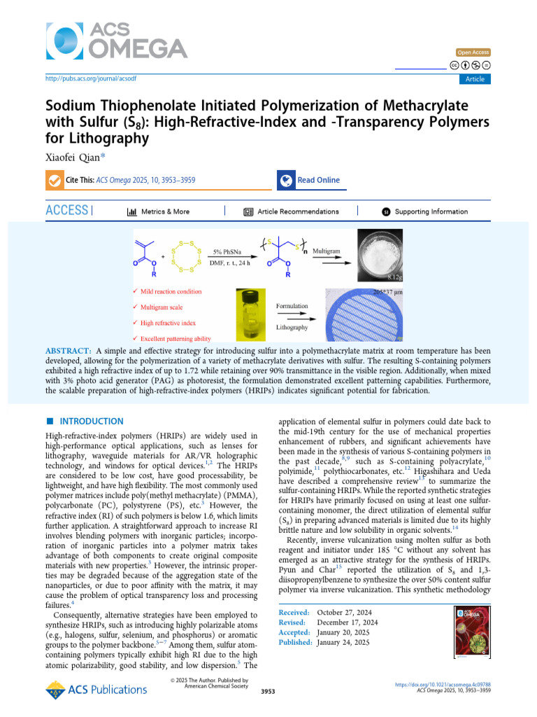 Sodium Thiophenolate Initiated Polymerization of Methacrylate With ...