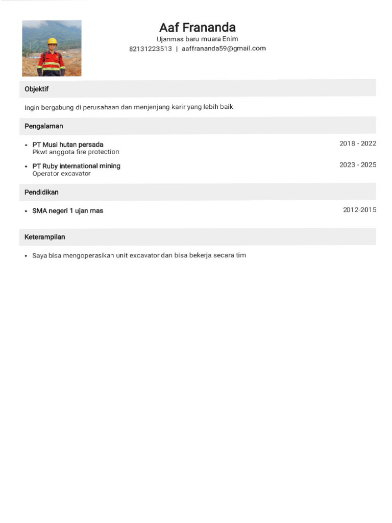 Aaf Frananda Operator Excavator | PDF