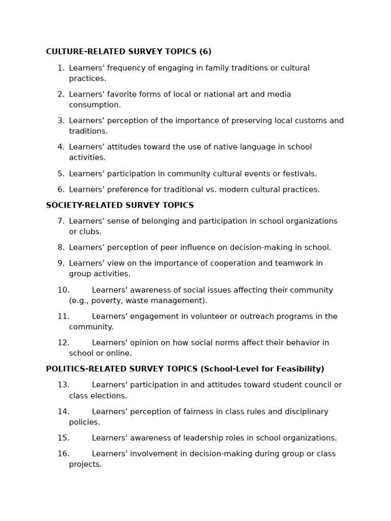 Topics For Research Activity Survey | PDF | Decision Making | Social ...