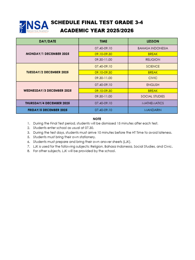 Schedule Final Test Grade 3-4 ACADEMIC YEAR 2025/2026: Day/Date Time ...