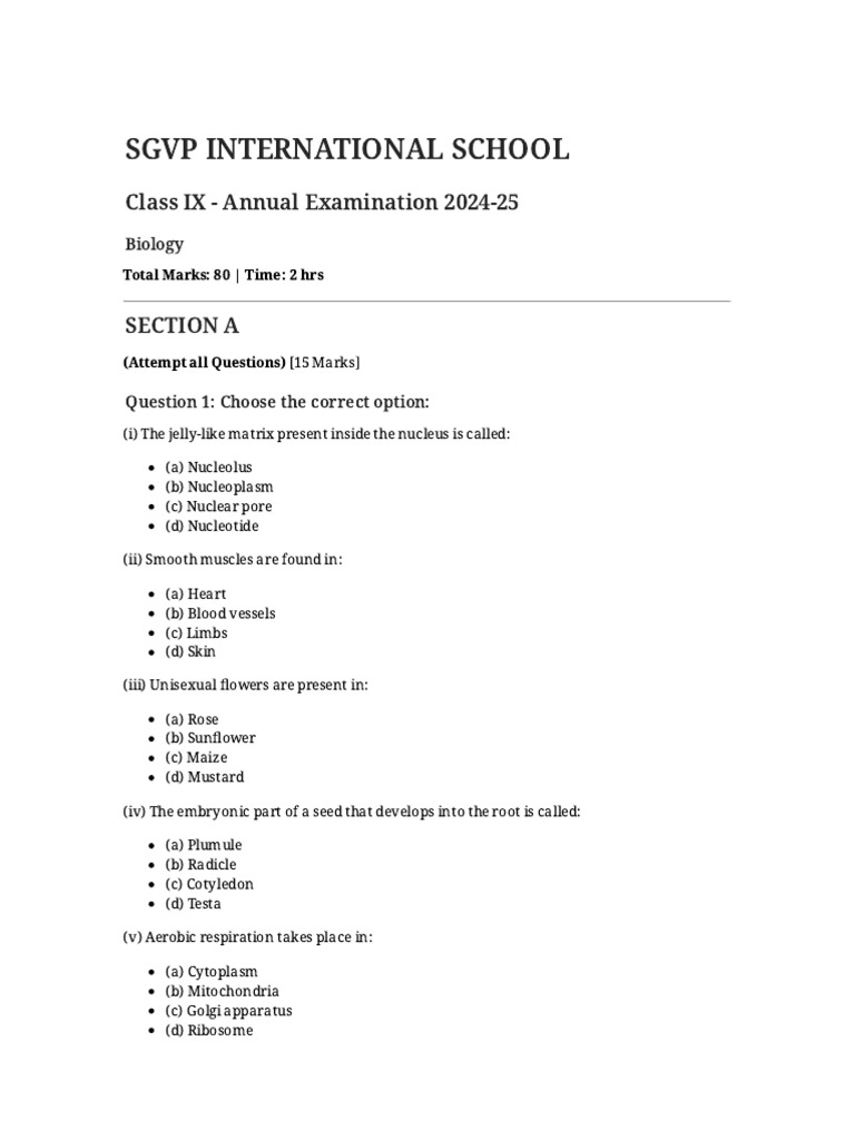 Class 9 ICSE Biology Paper | PDF | Anatomy | Biology