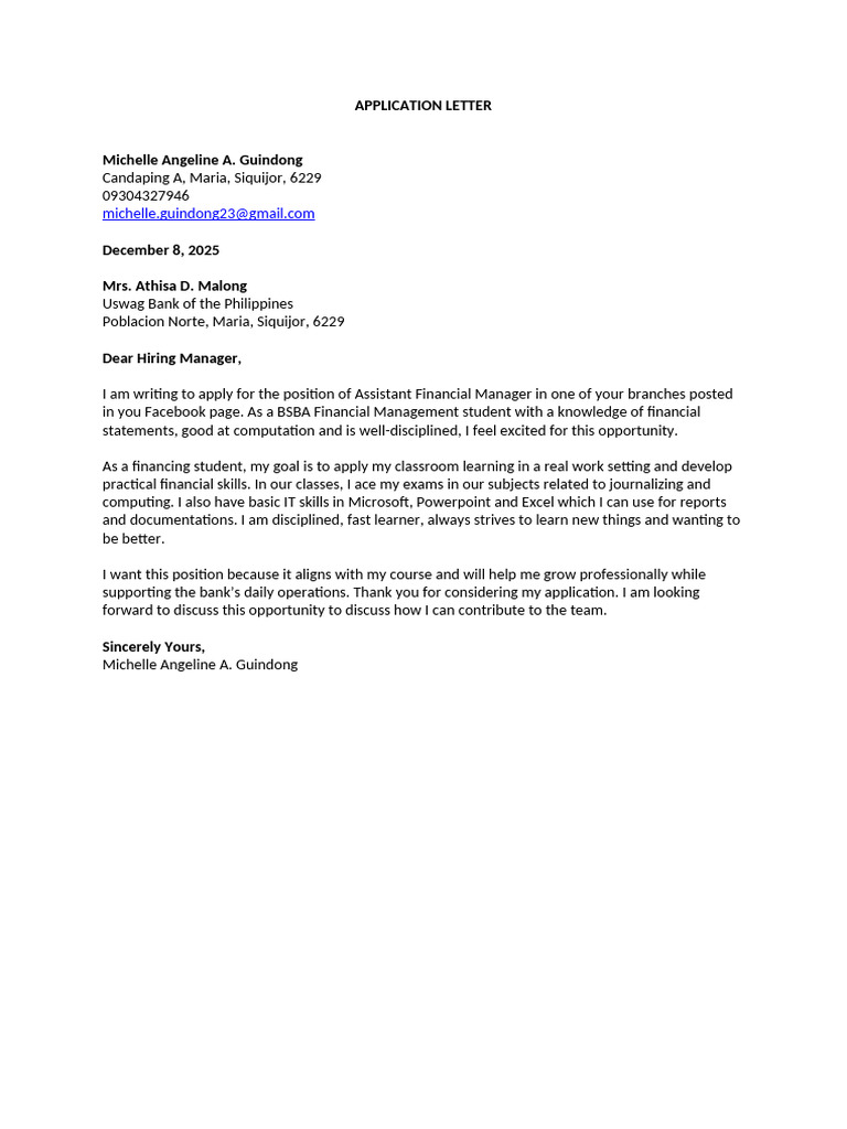 Application Letter Michelle G | PDF